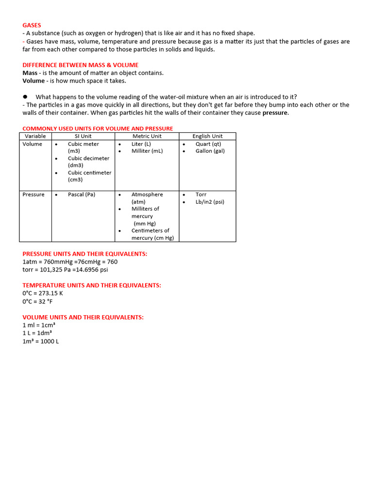 Understanding Gases Properties Units Pdf Science Mathematics