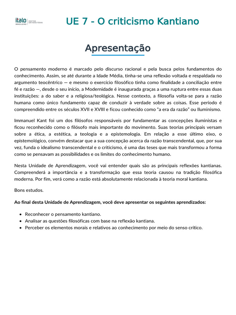 UE 7 - O Criticismo Kantiano | PDF | Immanuel Kant | Conhecimento