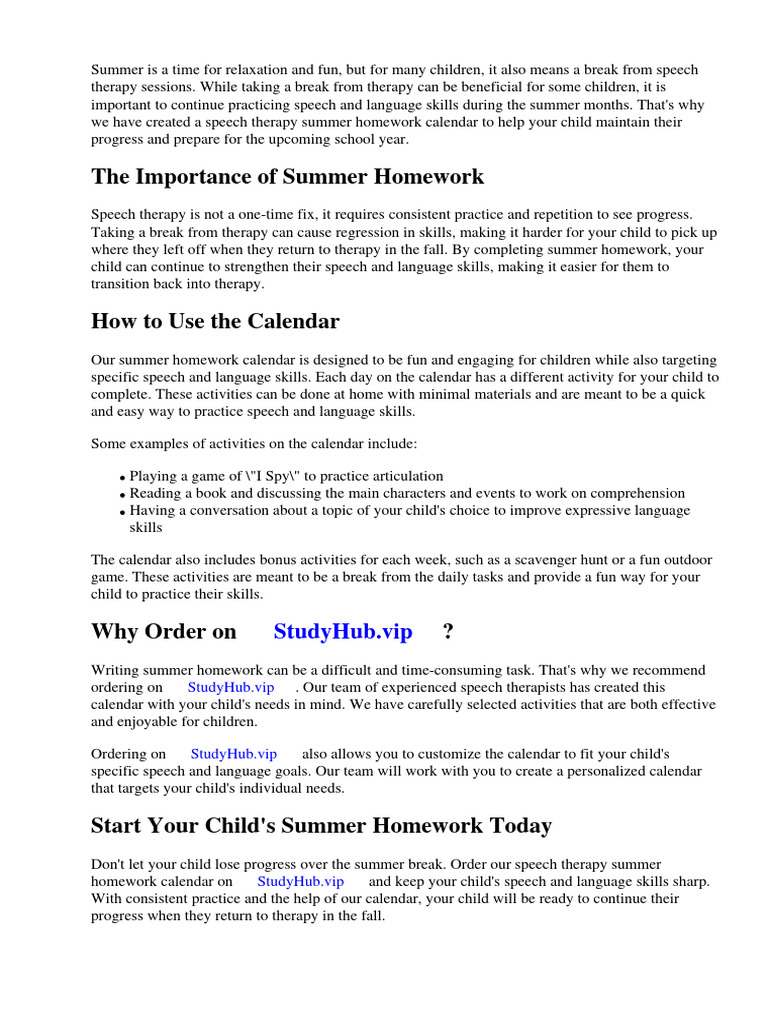 Speech Therapy Summer Homework Calendar | PDF | Speech | Safari (Web ...
