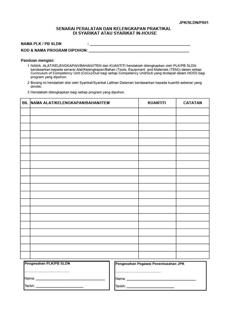 Jpk-sldn-ps01 - Senarai Peralatan Dan Kelengkapan Praktikal | PDF