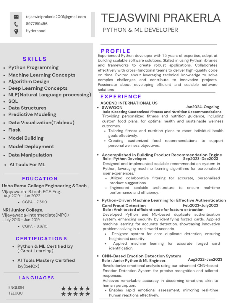 Tejaswini Prakerla: Python & ML Developer | PDF | Machine Learning | Artificial Intelligence