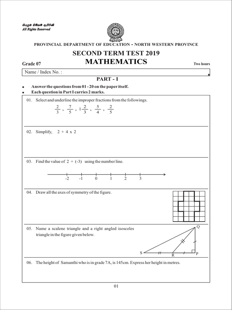 2019 Grade 07 Maths Second Term Paper With Answers English Medium North ...