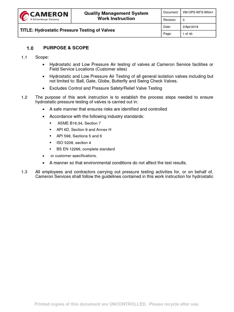 Valve Hydrostatic Testing Procedure | PDF | Valve | Calibration