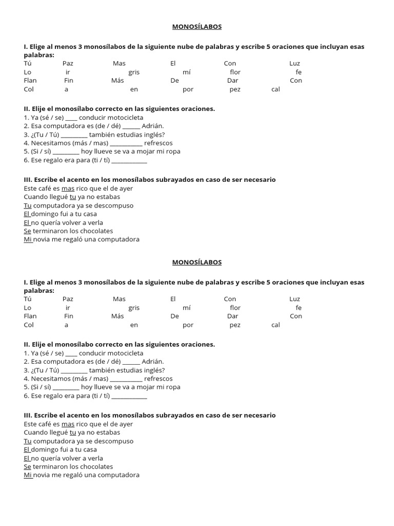 Ejercicios sobre monosílabos y acentos | PDF