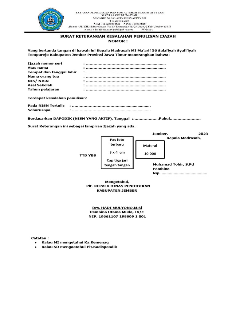 Format Ijazah SD, Mi Kesalahan Penulisan Nisn 2023.contoh | PDF