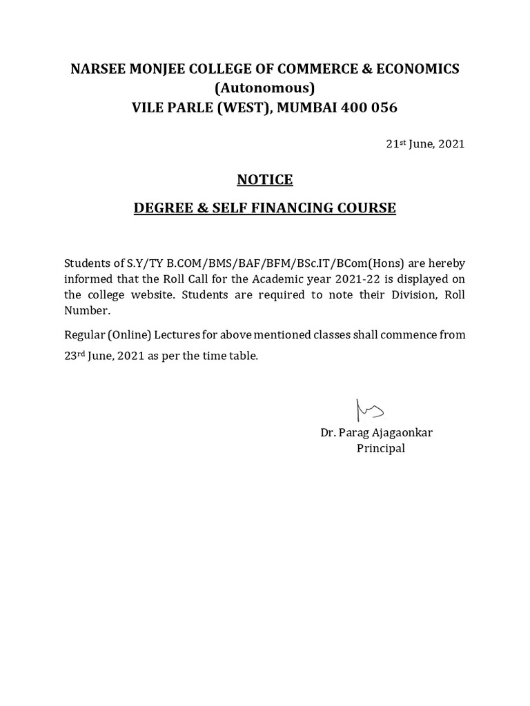 TYBCom 2021-22 Roll Call Notice | PDF