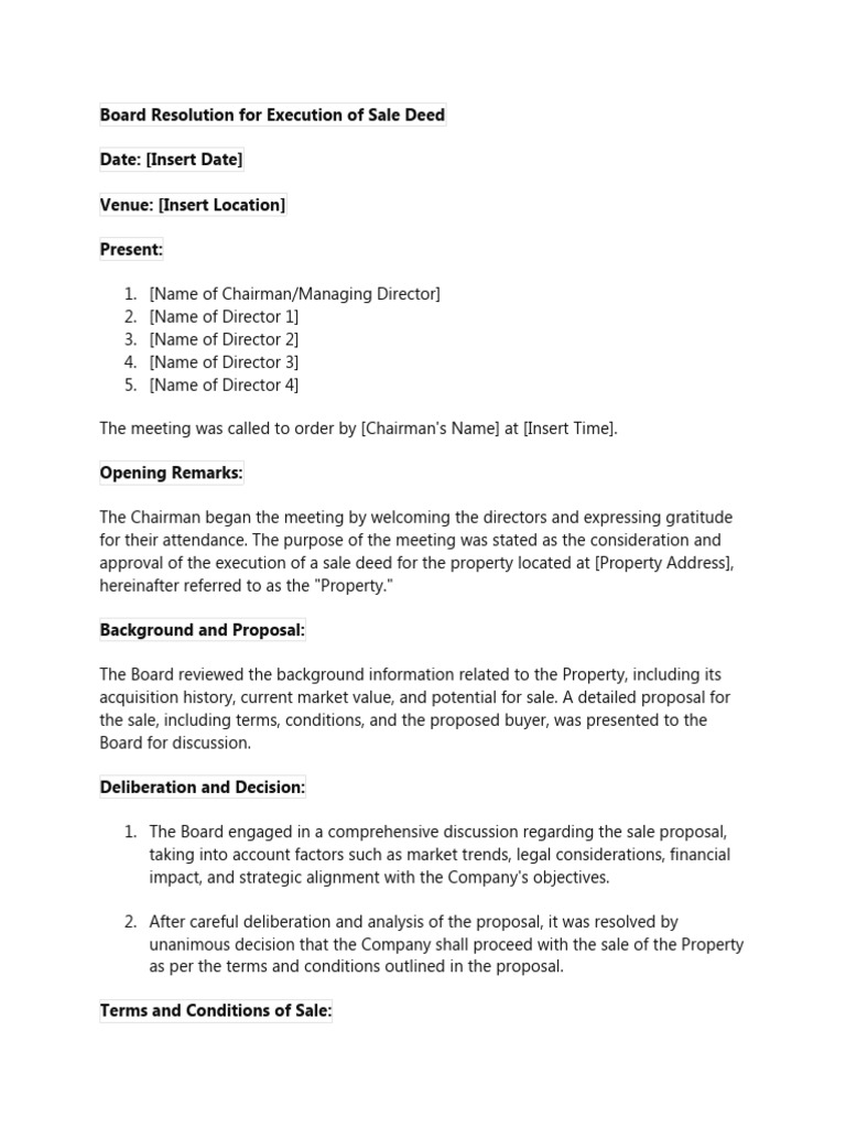 Board Resolution For Execution of Sale Deed | PDF | Deed | Procurement