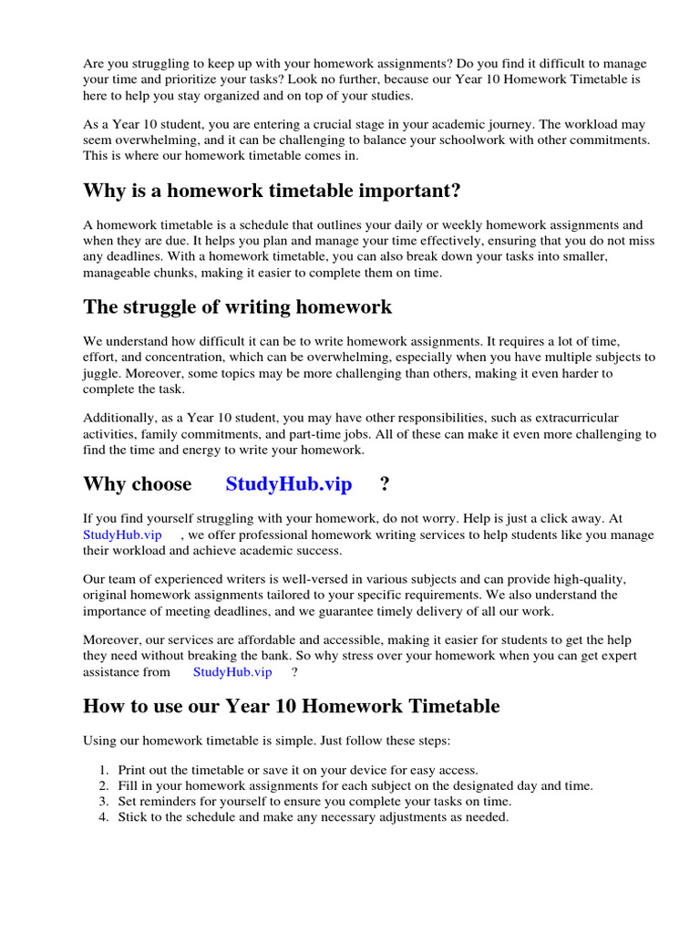 Year 10 Homework Timetable | PDF | Homework | Educational Technology