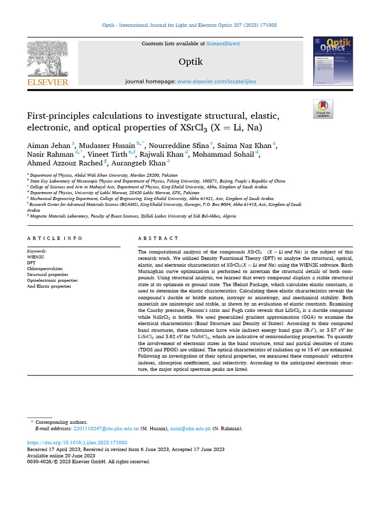 First-Principles Calculations To Investigate Structural, Elastic | PDF | Refractive Index ...
