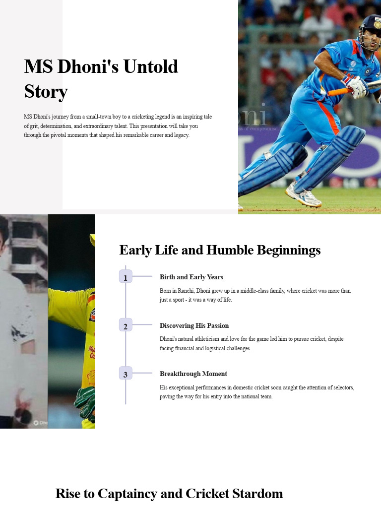 Dhoni: From Small-Town Boy to Legend | PDF | Sports | Team Sports