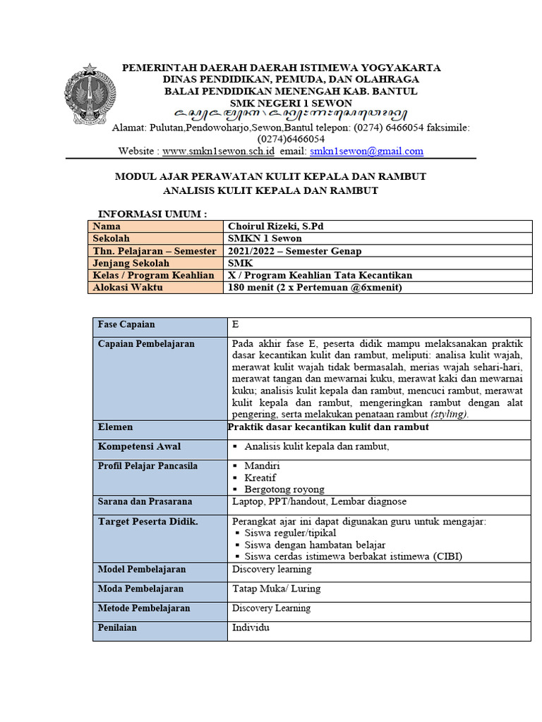 MODUL AJAR Analisa Kulit Kepala Dan Rambut | PDF