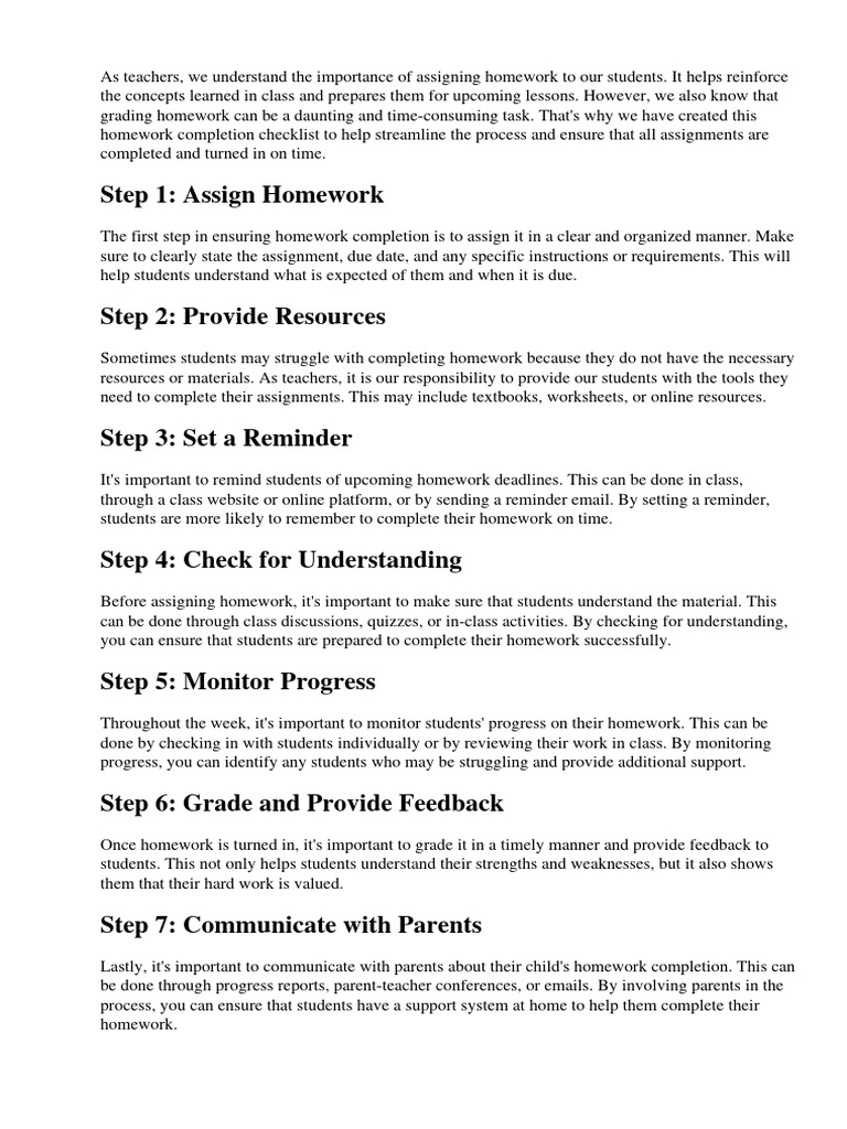 Homework Completion Checklist For Teachers | PDF | Homework | Essays