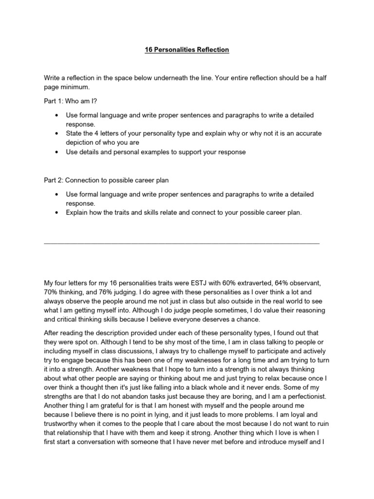 16 Personalities Reflection | PDF | Thought | Personality Type