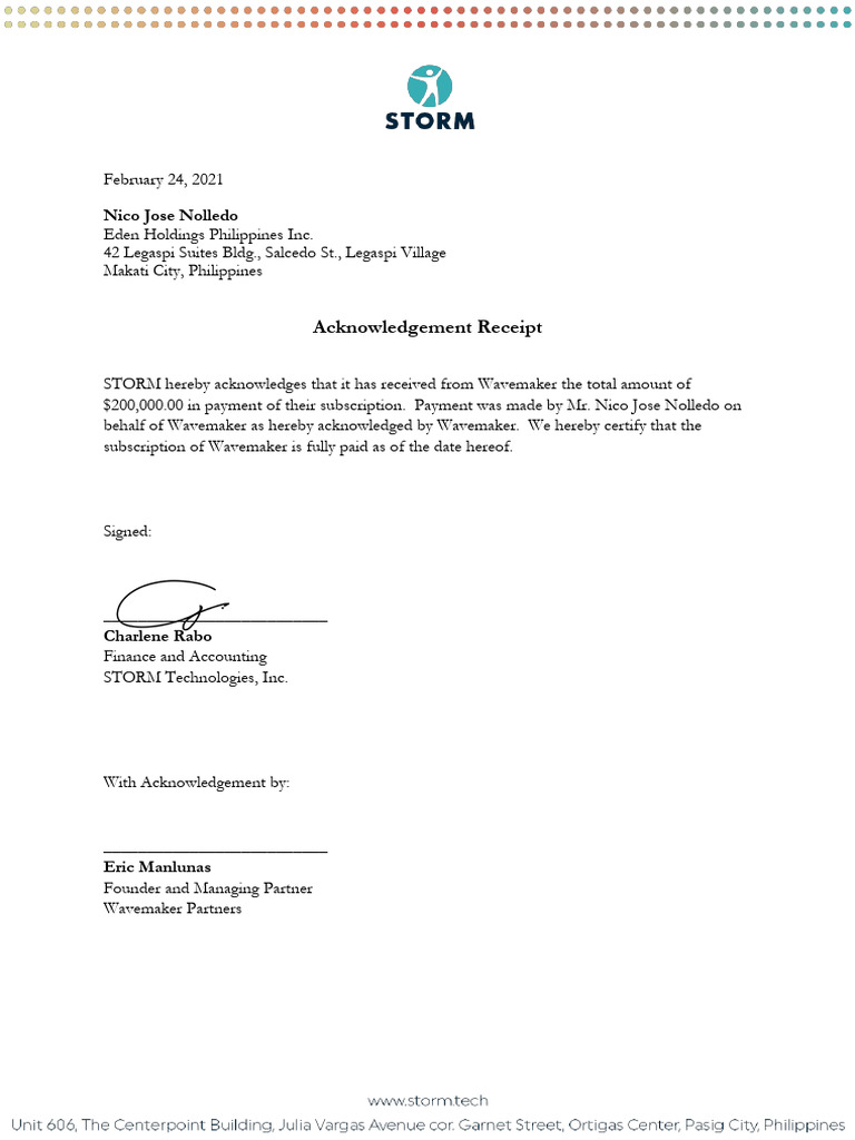 Acknowledgement Receipt - Investment - Eric Manlunas | PDF