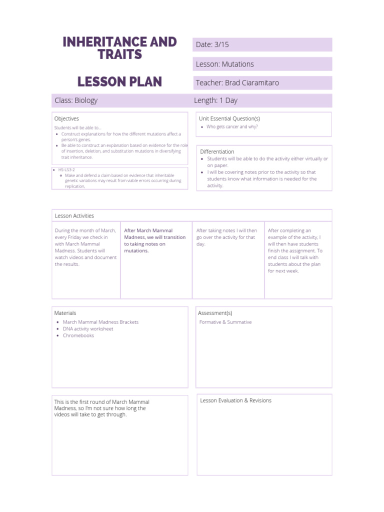 Editable Lesson Plan Template 1 | PDF | Mutation | Heredity