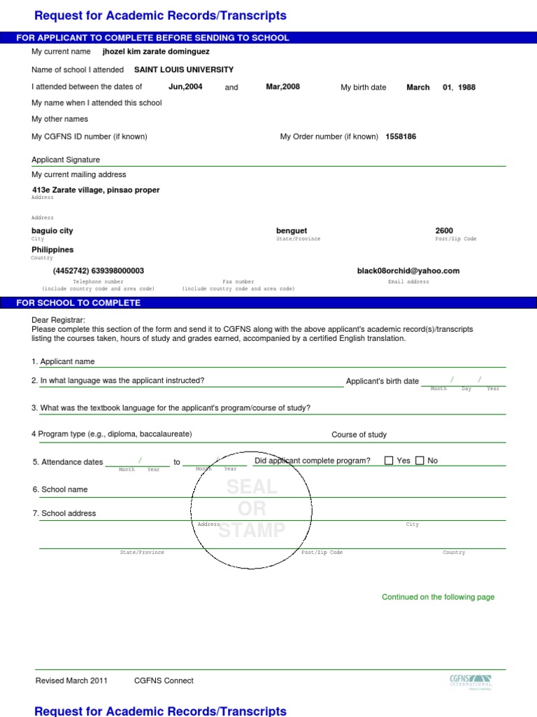 Cgfns Application Form | PDF | Nursing | Medicine