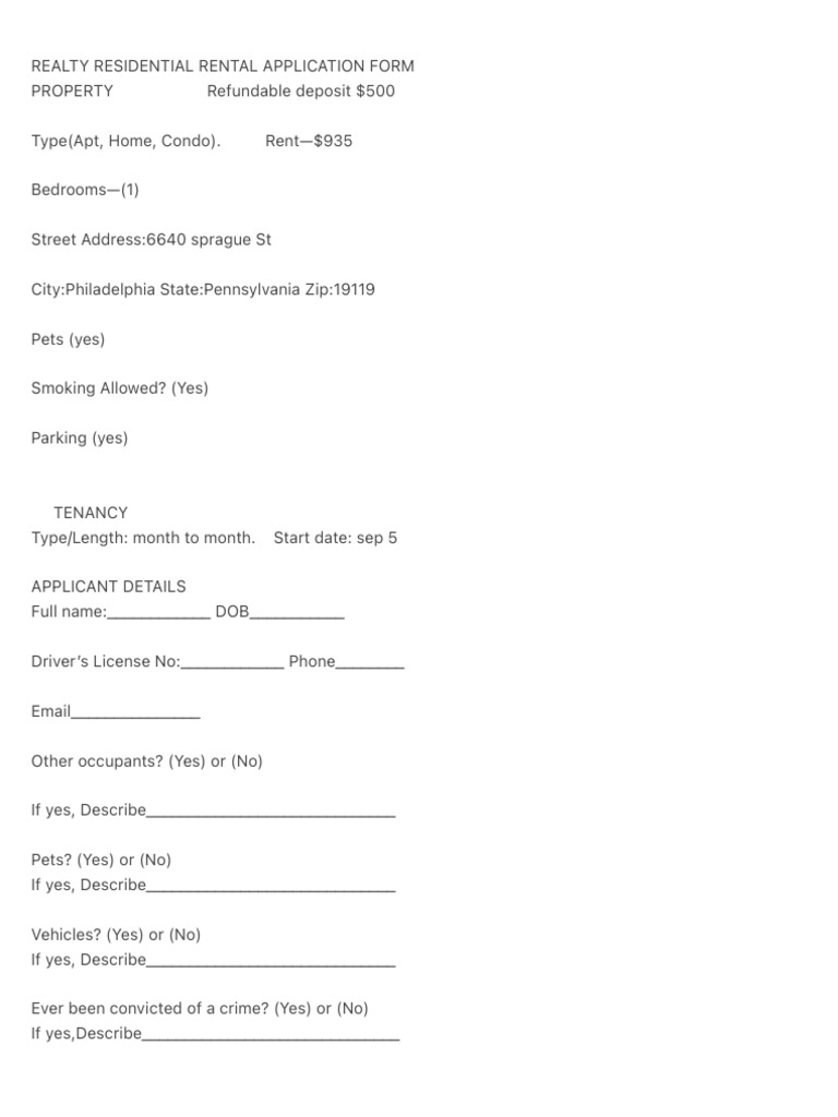 Realty Residential Rental Application Form | PDF
