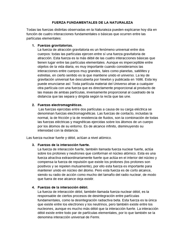 FUERZAS FUNDAMENTALES DE LA NATURALEZA | PDF | Interacción fundamental | Fuerza