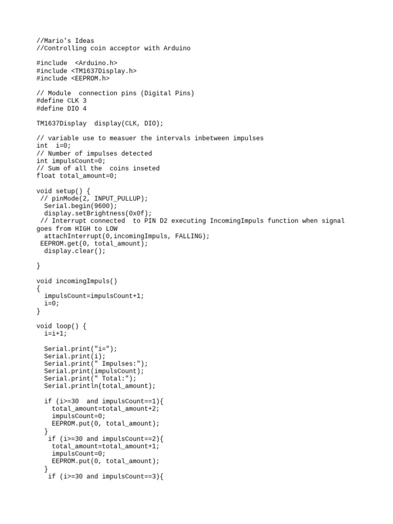 Arduino Coin Acceptor Control Code | PDF