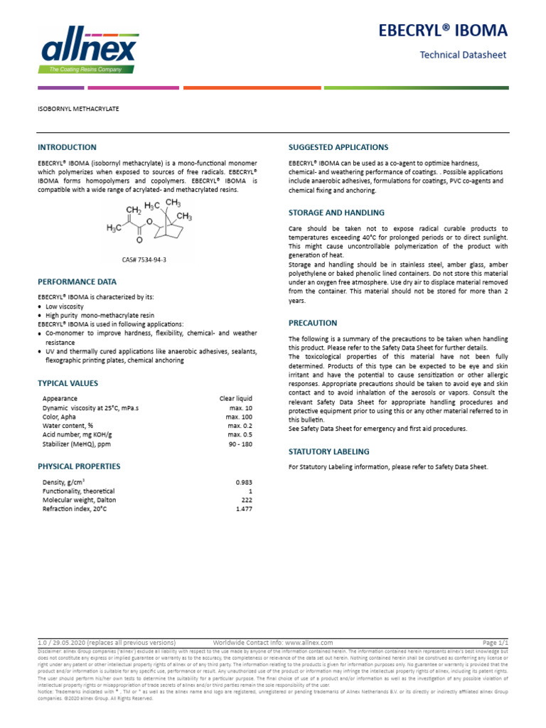 7m150-Tds-Ebecryl Iboma | PDF | Polymerization | Adhesive