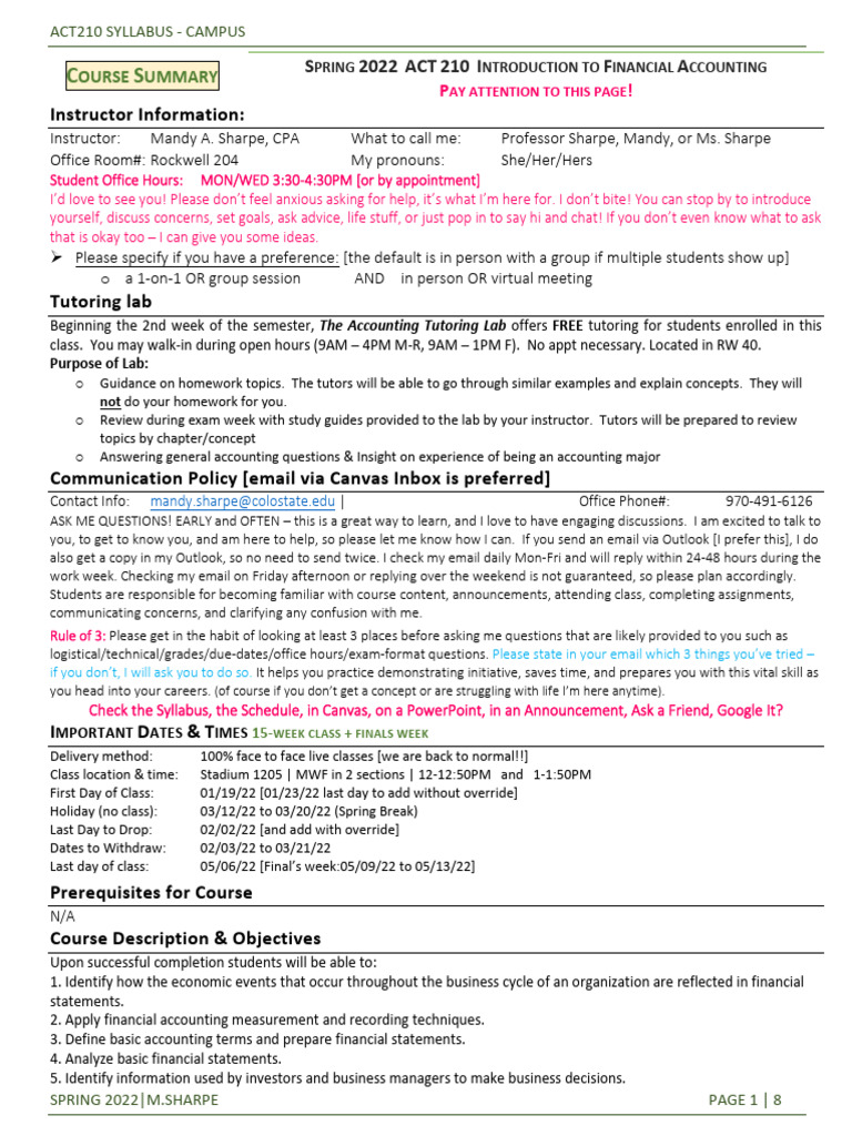 ACT 210 Financial Accounting Syllabus | PDF | Microsoft Power Point ...