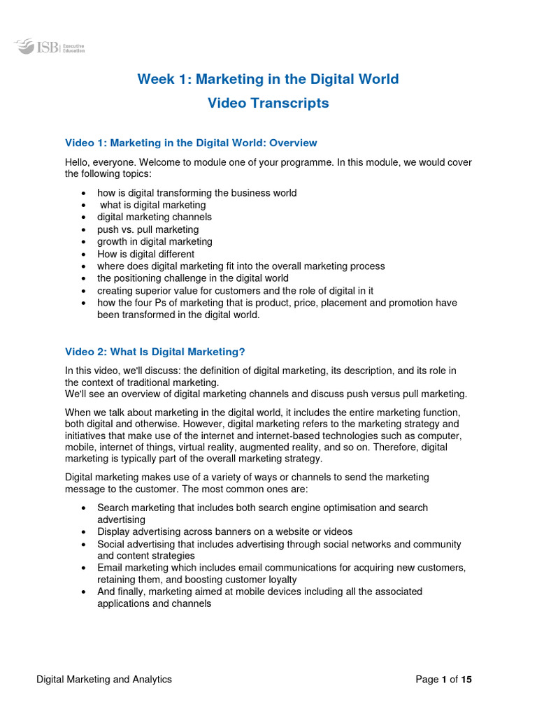 ISB - DMA - W1 - Video Transcripts | PDF | Marketing | Digital Marketing
