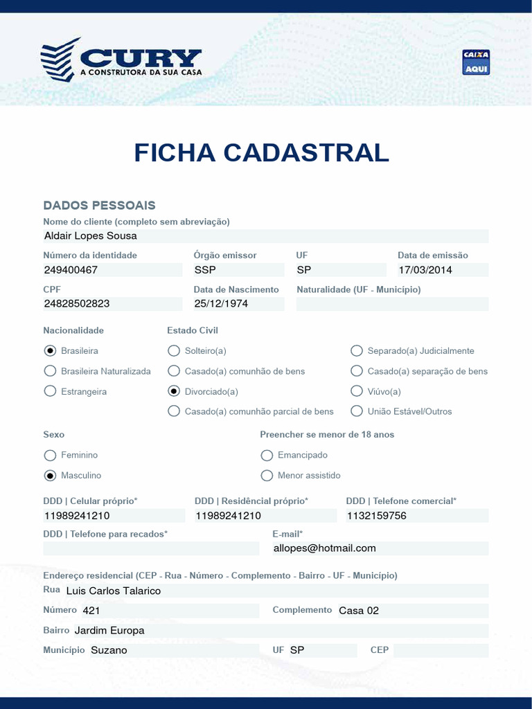 Ficha Cadastral Editável Cury | PDF | Empréstimos