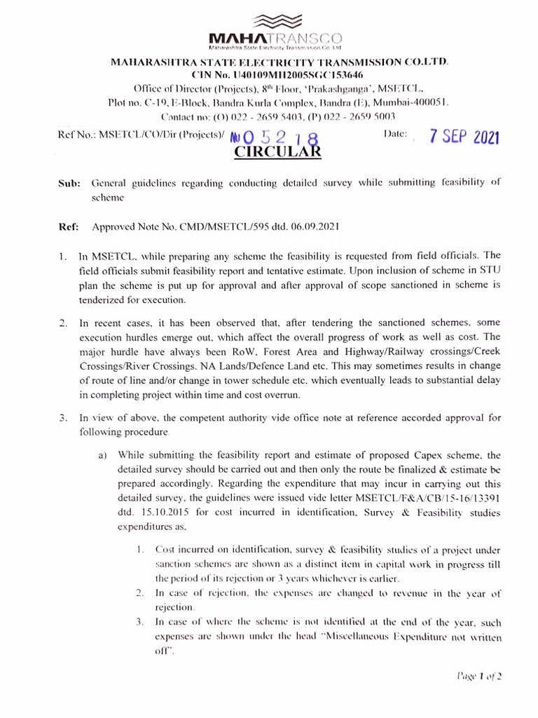 MSETCL Guidelines for Feasibility Surveys | PDF | Expense