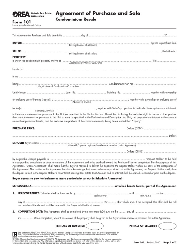 (Ontario) 101 - Agreement of Purchase and Sale - Condominium Resale | PDF | Private Law ...