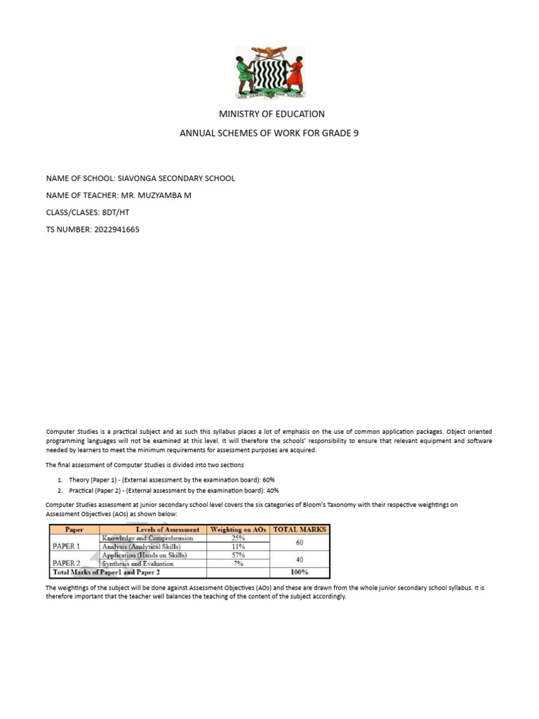 Computer Studies Grade 8 Common Schemes of Work | PDF | Spreadsheet ...