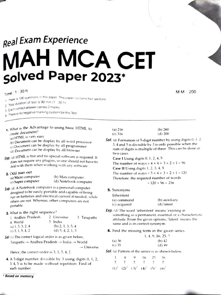 Mah Mca Cet Solved Question Paper 2023 | PDF | Computing | Computer Science