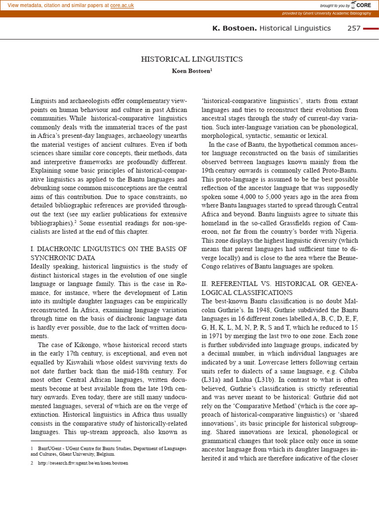 Historical Linguistics: Koen Bostoen | PDF | Linguistics | Word
