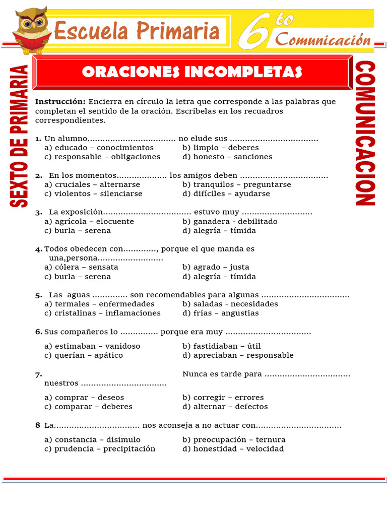 Ejercicios de Oraciones Incompletas para Sexto de Primaria | PDF ...