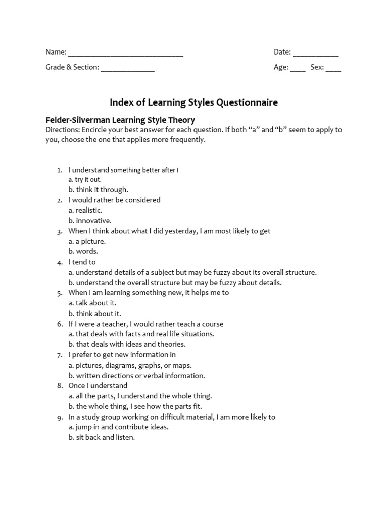 Learning Styles Questionnaire Guide | PDF | Learning Styles | Cognition