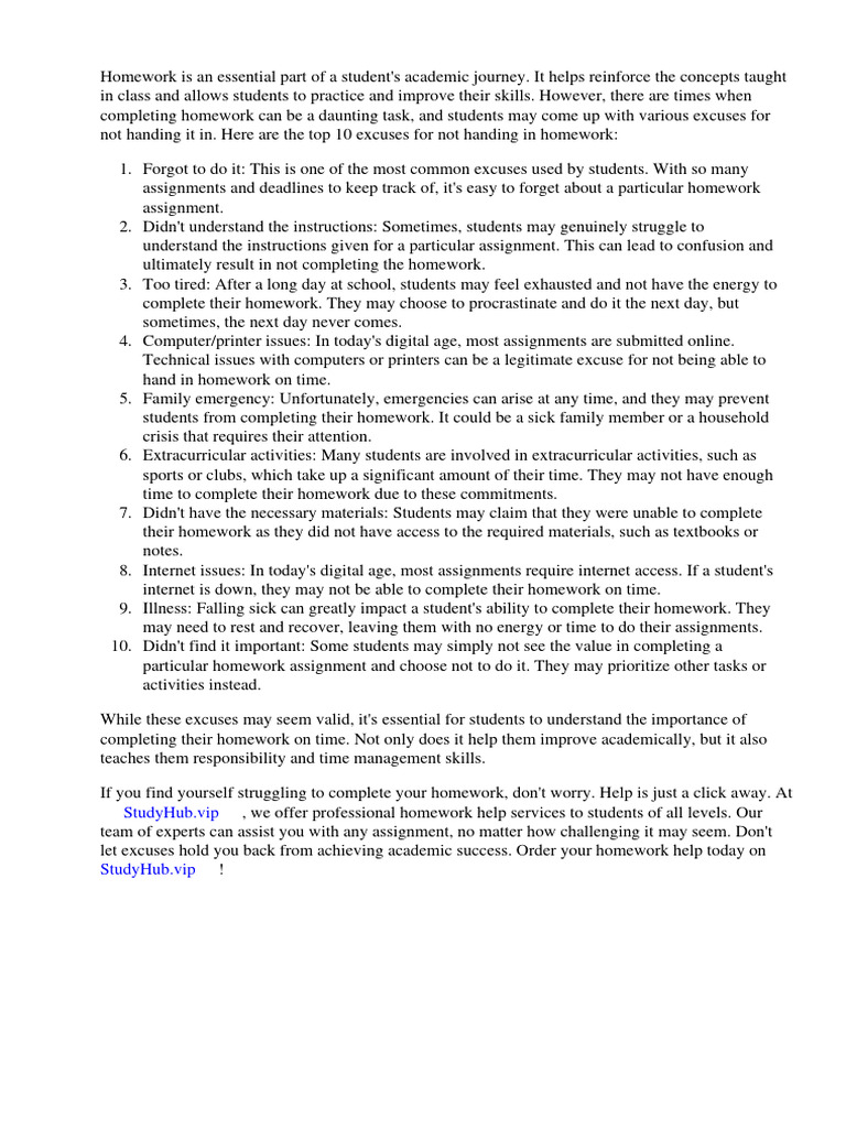 Top 10 Excuses For Not Handing in Homework | PDF | Homework