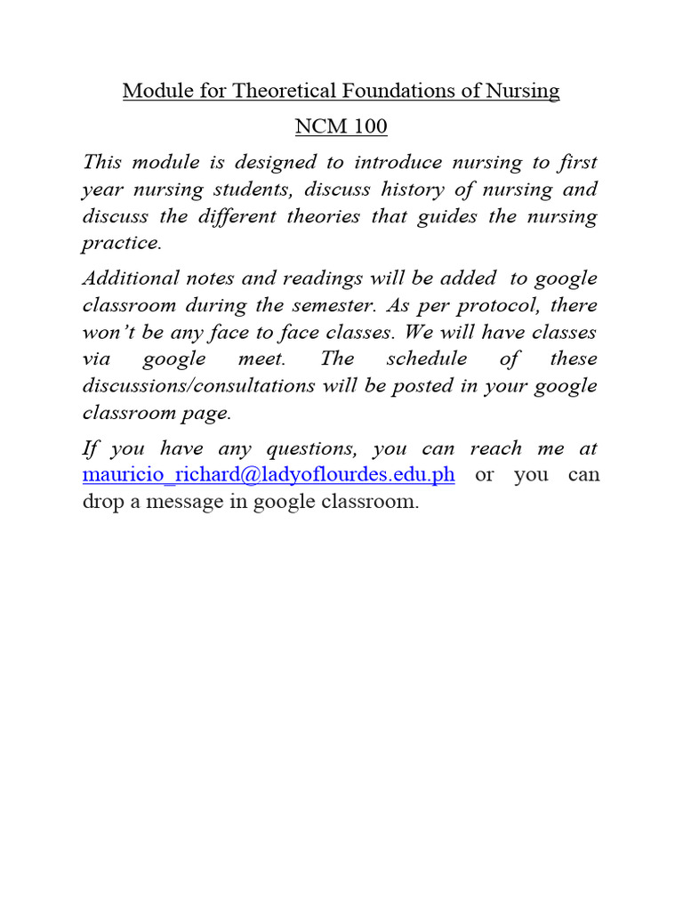 Module For Theoretical Foundations of Nursing NCM 100: Mauricio - Richard@ladyoflourdes - Edu.ph ...