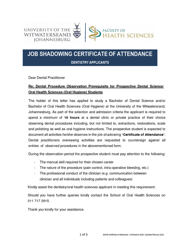 2025 Job Shadowing Dentistry Certificate of Attendance | PDF ...