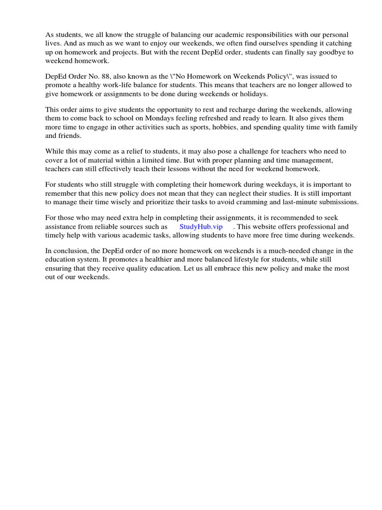 Deped Order No More Homework On Weekends | PDF | Homework | Teachers