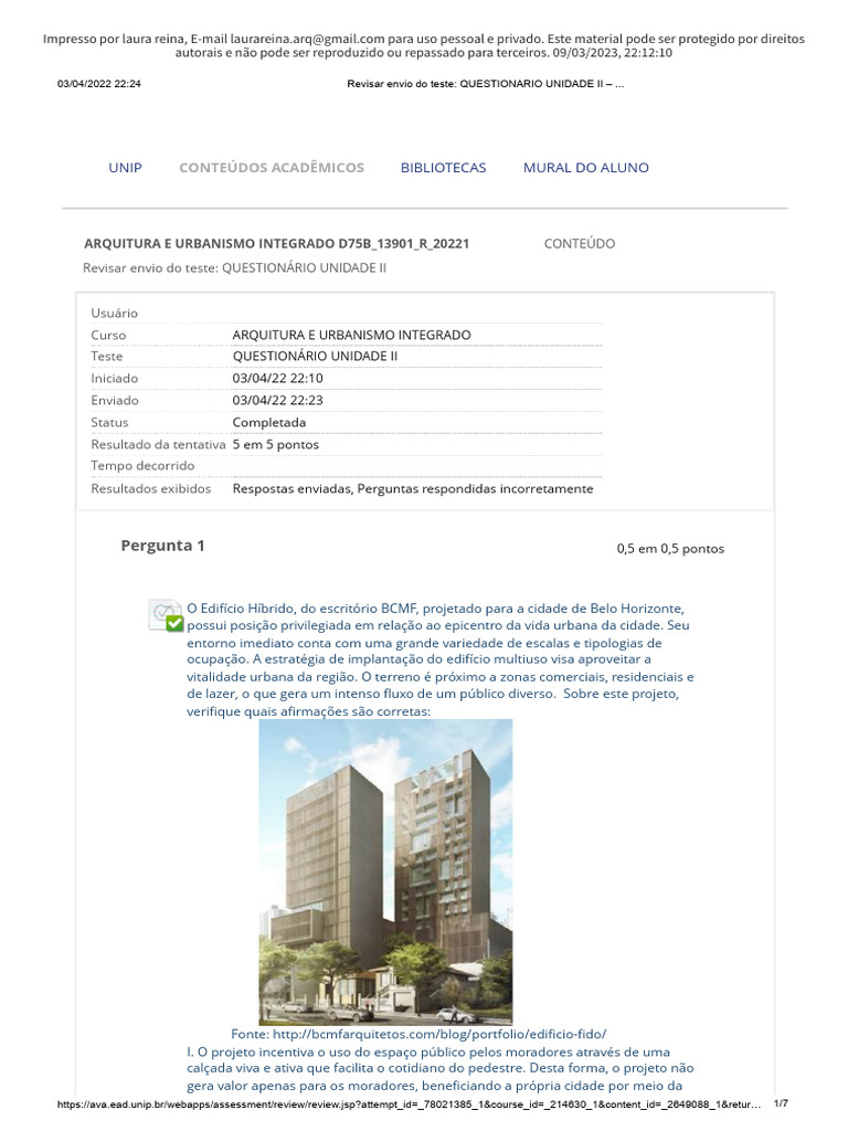 RESPOSTAS QUESTIONÁRIO UNIDADE Il D75B ARQUITETURA E URBANISMO ...