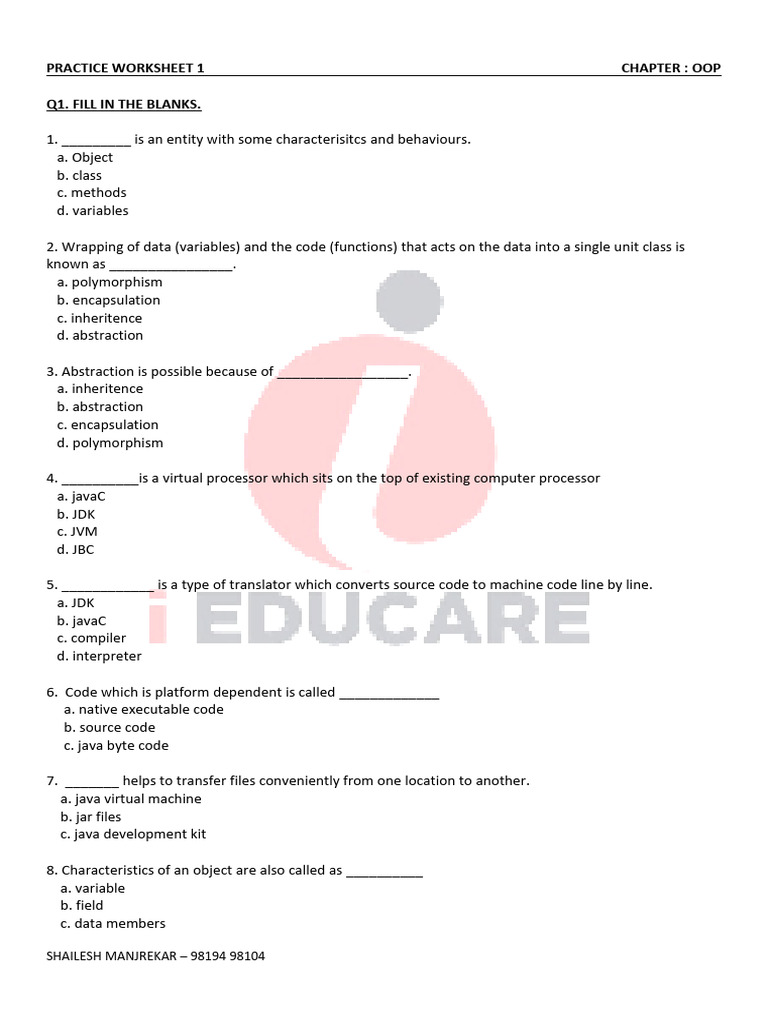 Practice Worksheet 1 | PDF | Class (Computer Programming) | Java (Programming Language)