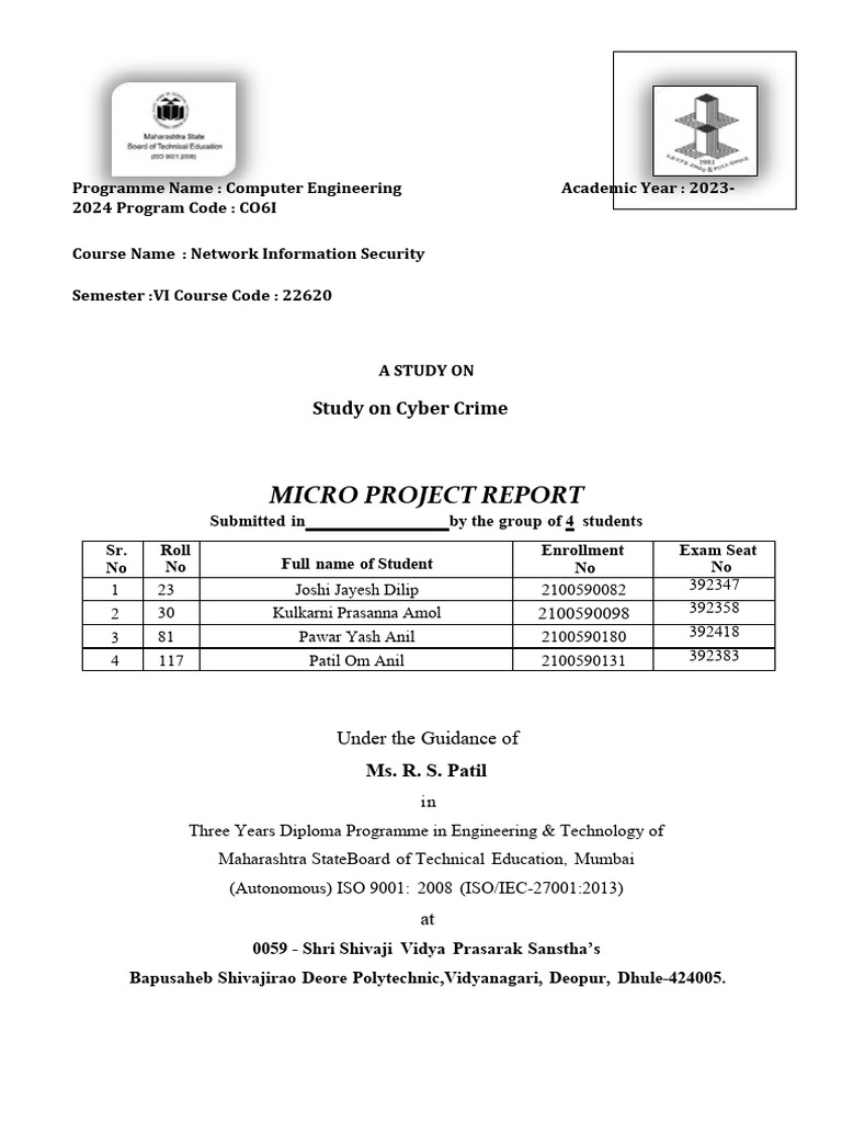 Micro Project Report: Study On Cyber Crime | PDF | Career And Technical ...