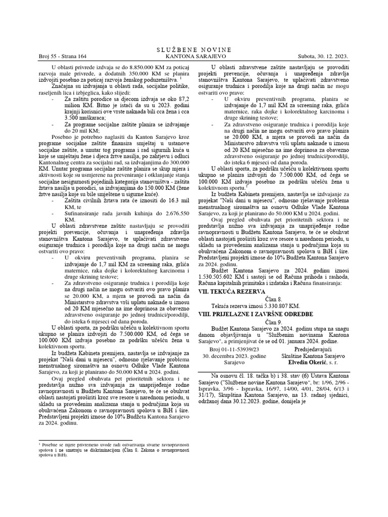 Zakon o Izvršavanju Budžeta KS Za 2024 | PDF