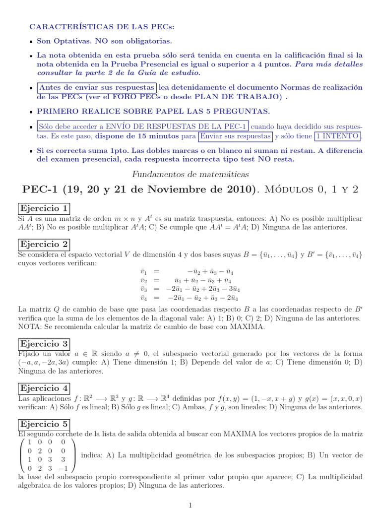 Características y Ejercicios de PECs en Matemáticas | PDF | Valores ...