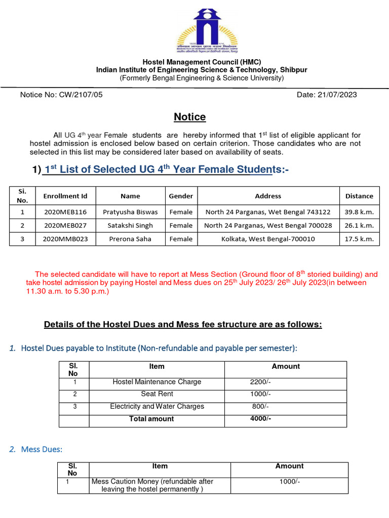 1st List of Selected UG 4th Year Female Students | PDF