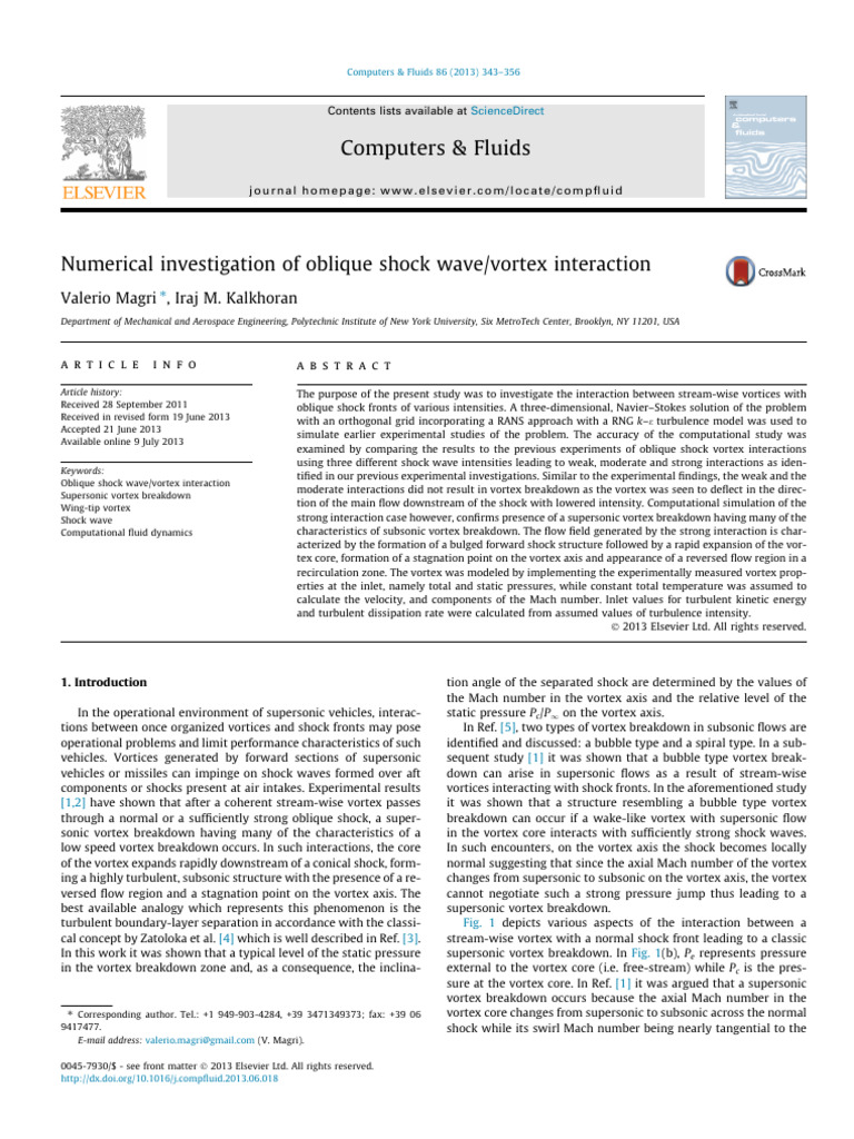 Numerical Investigation of Oblique Shock Wave/vortex Interaction. | PDF | Vortices | Shock Wave