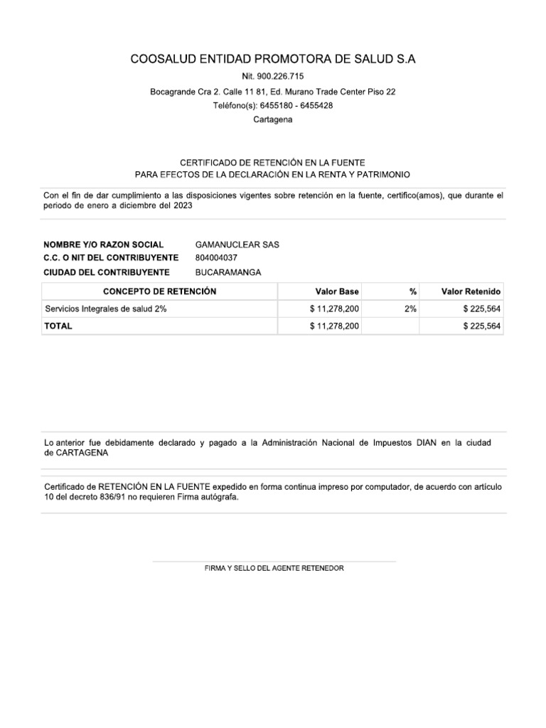 Certificado Tributario Año 2023 Pdf