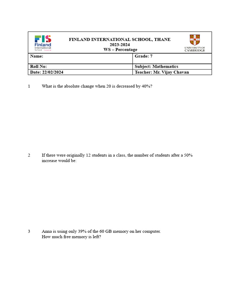 WORKSHEET Grade 7 - Percentage | PDF