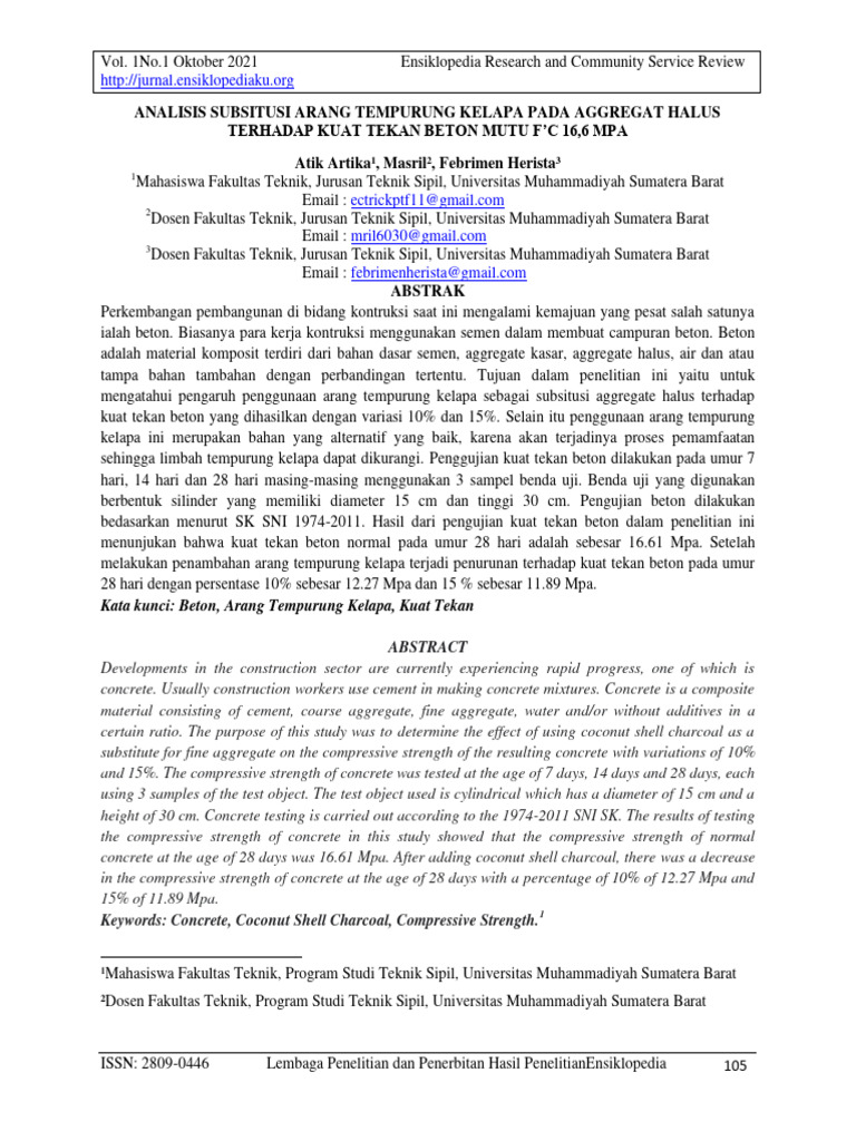 Analisis Substitusi Arang Tempurung Kelapa Pada Agregat Halus Terhadap Kuat Tekan Beton Mutu F'C ...
