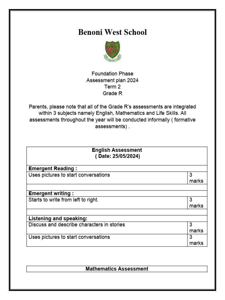 Grade R - Assessment Plan Term 2 | PDF | Shape | Mathematics