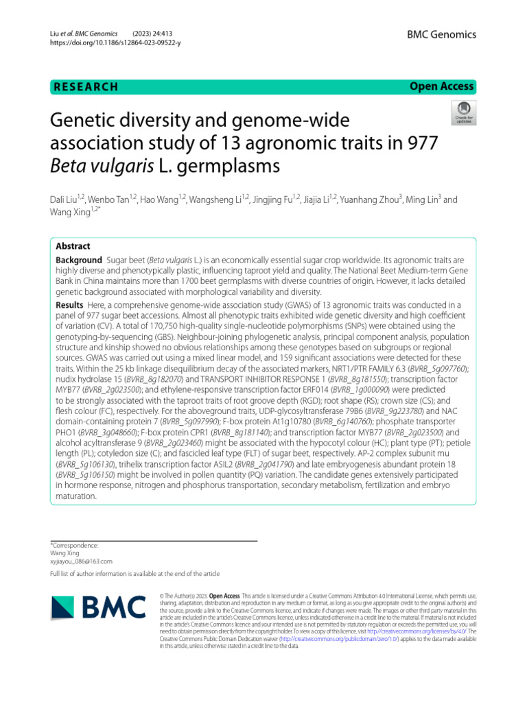 Genetic Diversity and Genome-Wide Association Study of 13 Agronomic Traits in 977 | PDF | Genome ...